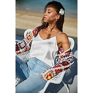 Ekouaer Womens Satin Tank Tops 2 Pack Silky Camisole V Neck Spaghetti Strap Blouses Sleeveless Cami Shirt White/Black X-Large