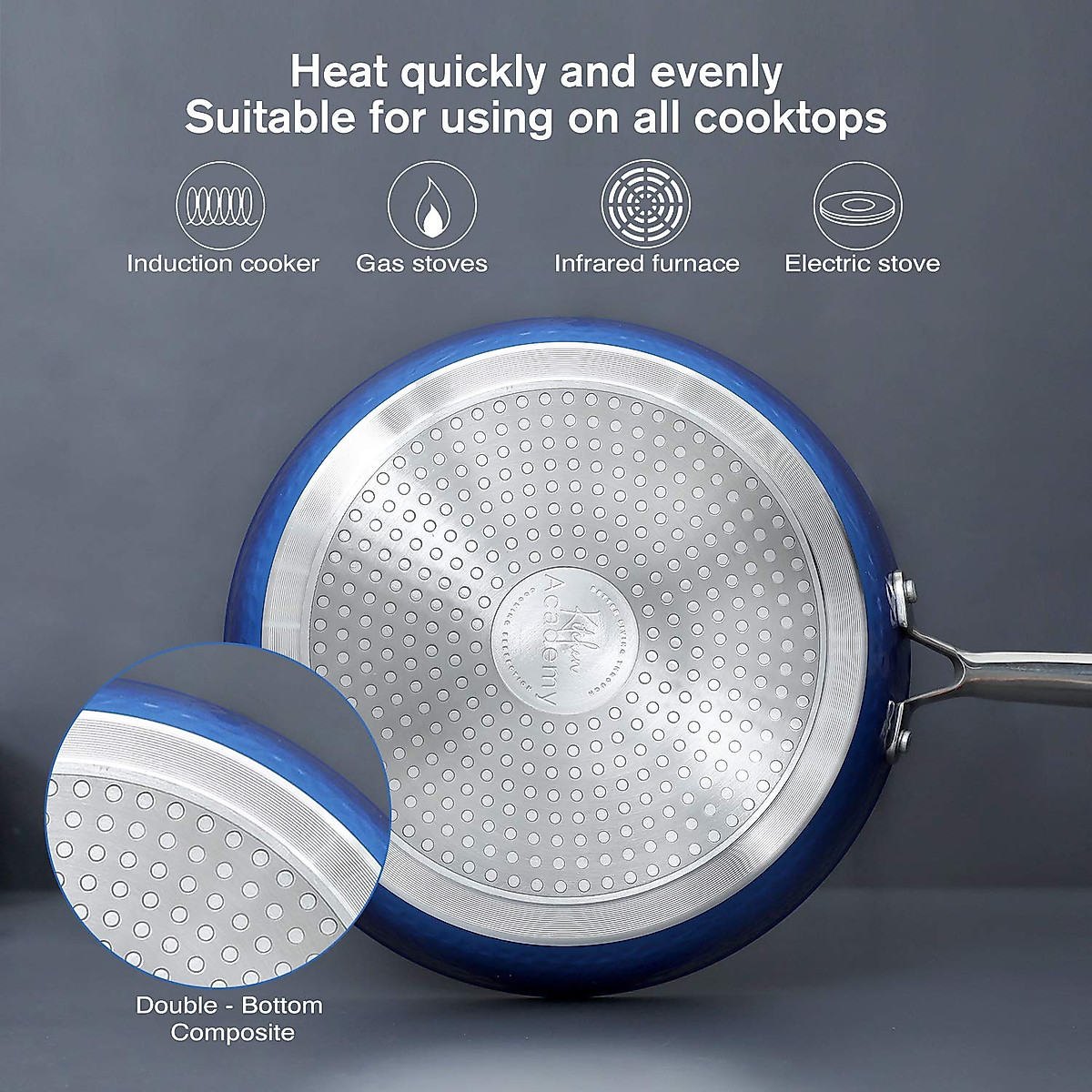 Kitchen Academy Pots and Pans Set Non Stick - 15 Pieces Blue Hammered Cookware Set, Granite Nonstick Coating Induction Compatible for All Stove PFOA&PFOS Free