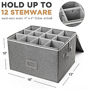 LotFancy Stemware Storage Container, Hard Shell, Stackable Wine Glass Storage Box with Dividers & Handles, Crystal Glassware, Champagne Flute, Drinkware Case for Moving, Grey