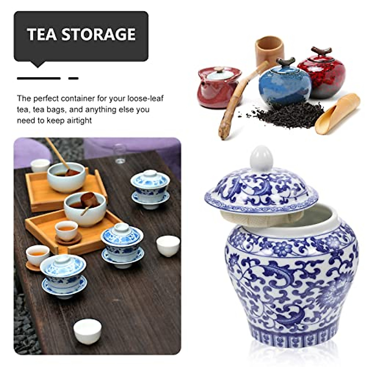 Zerodeko Ceramic Vase 330ML Ceramic Tea Jar, Vintage Chinese Style Storage Can with Airtight Lid Loose Tea Tin Kitchen Food Canister Traditional Tea Tin Coffee Jar Bulk Food