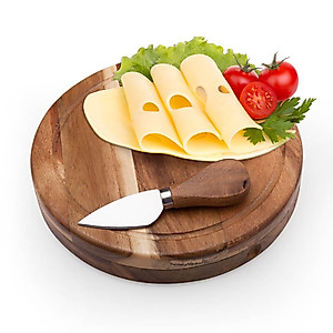 Tungyi Round Slide-Out Acacia Wood Cheese Serving Board and 3 Piece Cheese Tool Set, 7.5 inch Diameter, Ideal for Outdoor Picnic Housewarming Kitchen Personalized Gift