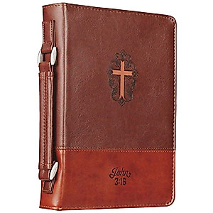 Personalized Custom Bible Cover for Men Two-Tone Brown John 3:16 Faux Leather Christian Gift for Father, Brother, Son, Grandpa, Grandson Laser Engraved Imprinting Your Text Name (Large)