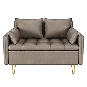 Assile Faux Leather Love Seats Couch, Modern Design with Button Tufted and Gold Metal Leg, Lift-Up Storage Box, Thickened Cushion Sofa in Dark Brown