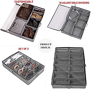 DECOLUXE Set of 2 Under Bed Shoe Organizer and Storage with Customizable Dividers up to 24 Pairs Total