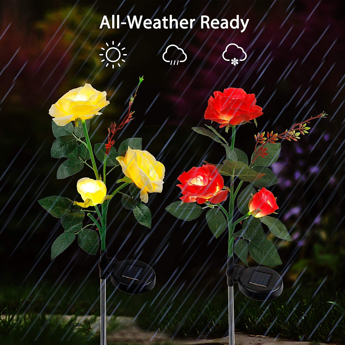 FORUP 2 Pack Solar Garden Stake Lights, Outdoor Solar Rose Flower Lights with 6 Rose Flowers, LED Rose Solar Powered Lights for Patio, Lawn, Garden, Yard Decoration (Red & Yellow)
