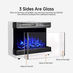 GMHome 25 Inches Portable Electric Fireplace Free Standing Heater, Glass Window Three Sides View Window , with Remote & Wheels, 1500W, White