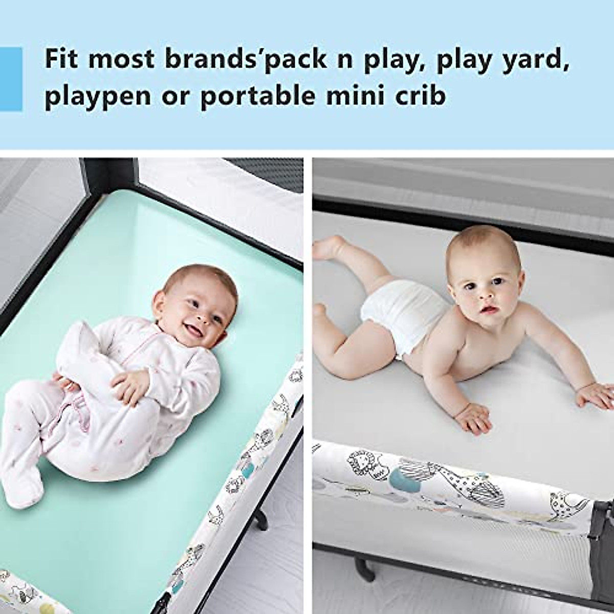 TILLYOU 2 Pack Mini Crib Fitted Sheets, Stretchy Soft Jersey Knit Portable Mini Pack n Play Playard, Playpen Bedding Sheet for Baby, Light Green & Light Gray