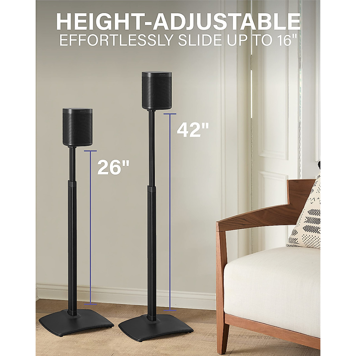 SANUS Adjustable Height Wireless Speaker Stands Designed for Sonos One, One SL, and Play:1 - Tool-Free Adjustment up to 16" and Built-in Cable Management (Black)