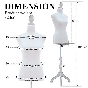 Mannequin Female Mannequin Torso Dress Form 50"-63" for Display Women Mannequin Body Height Adjustable for Sewing Wooden Tripod Base,Foam Body(White)