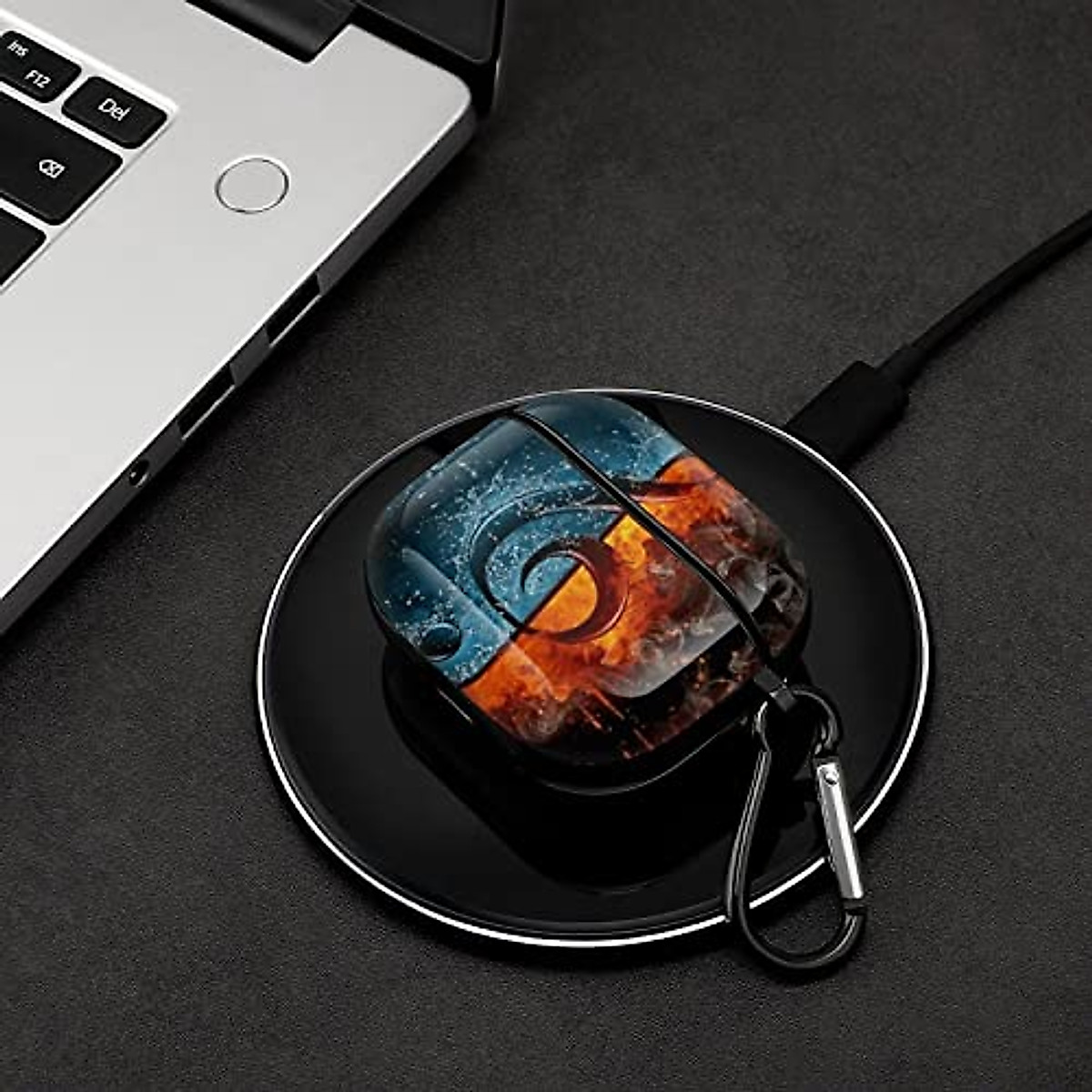 Water Fire Music Notes Pattern Airpods 3 Case Bluetooth Fashion Portable Shockproof and Anti-Scratch Headphone Charging Case Protective Case for Airpods 3 with Keychain Chain Gift Unisex