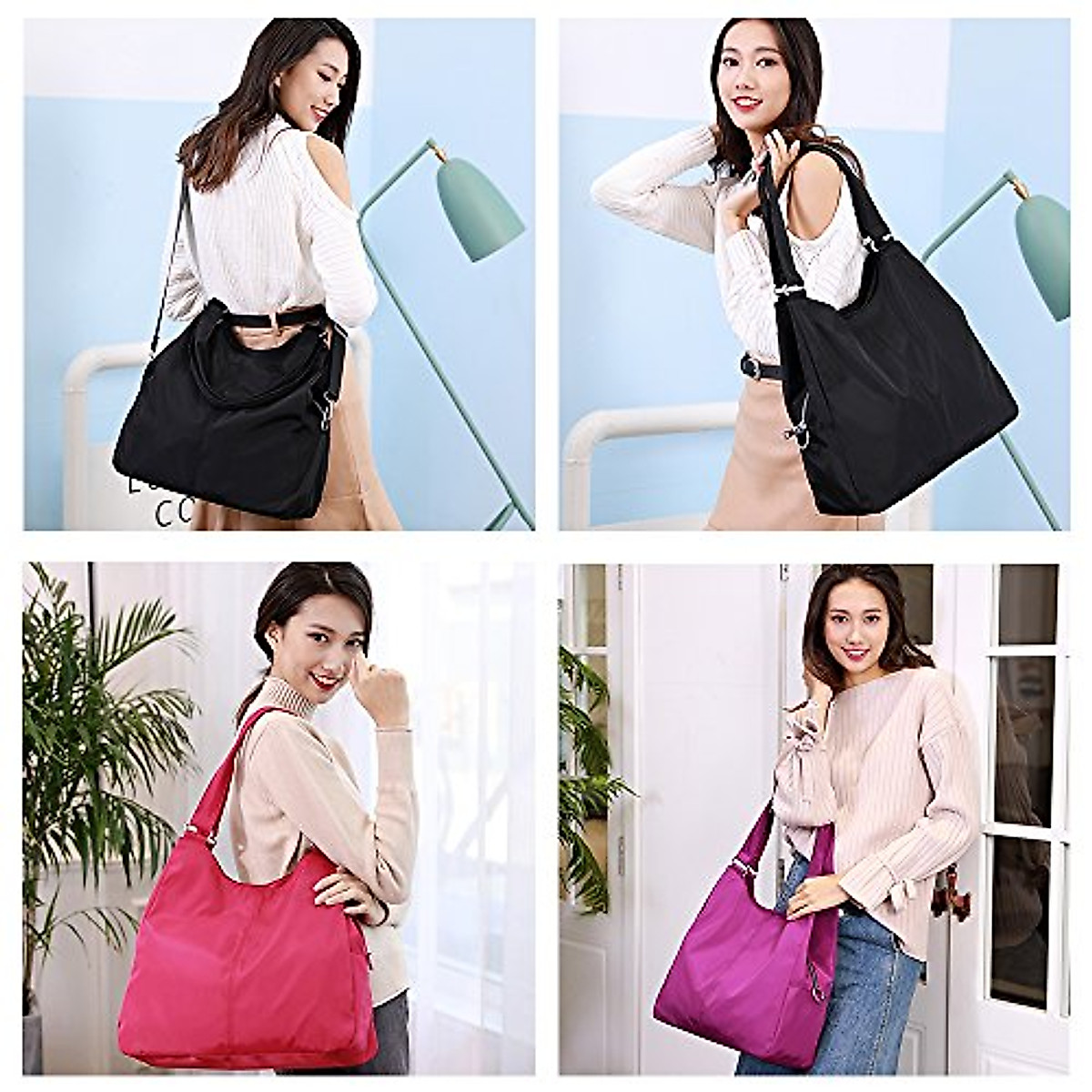 Mynos Hobo Bag Big Shoulder Bag For Women Tote Bag Purse Multi-function Nylon Handbag Travel Organzier (Black)
