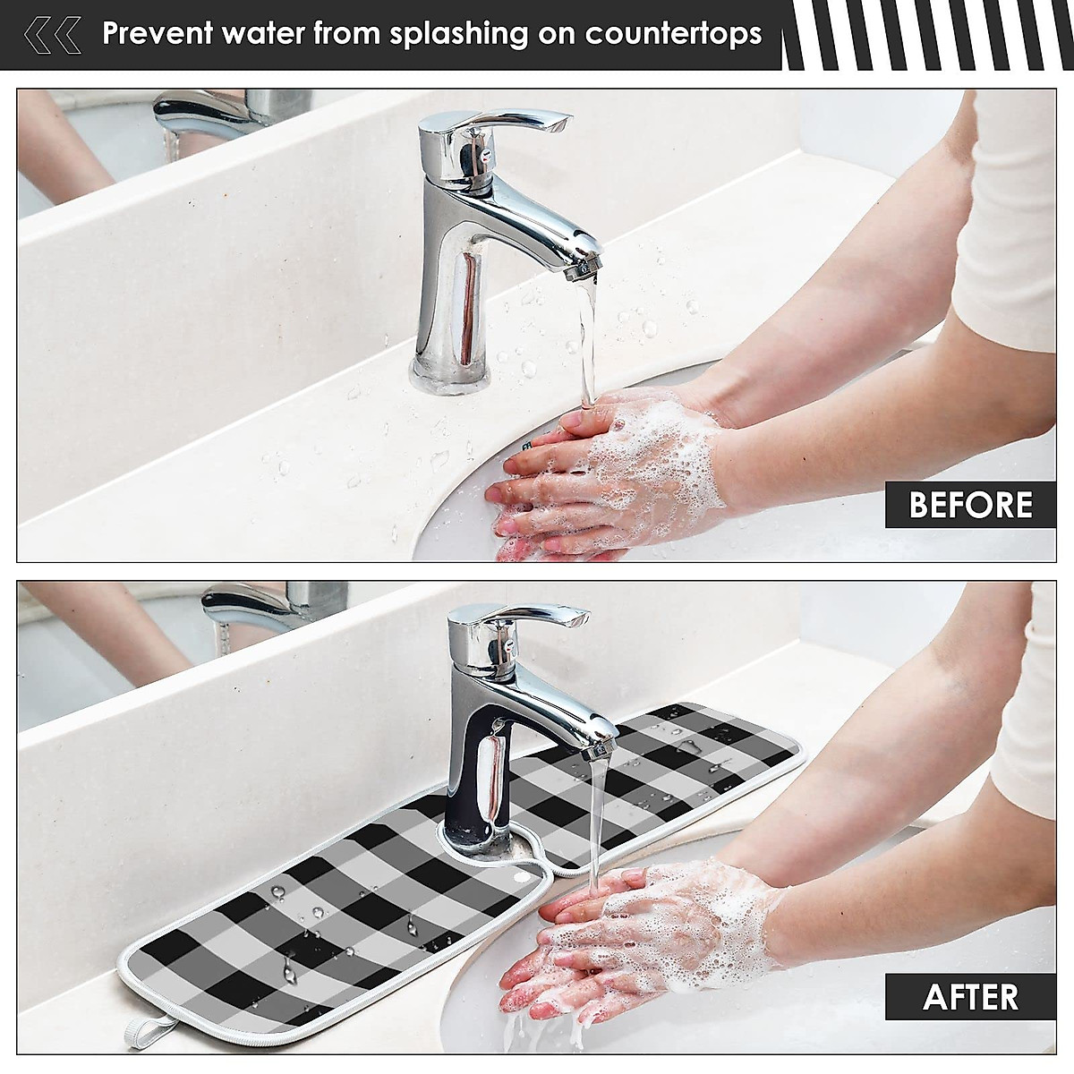 White and Black Buffalo Plaid Faucet Water Catcher Mat 2 Pack Classic Buffalo Check Drying Mat Absorbent Bathroom Faucet Handle Drip Catcher Tray Bar RV Kitchen Sink Splash Guard 23x5 Inches