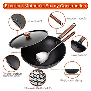 Eleulife Carbon Steel Wok, 13 Inch Wok Pan with Lid and Spatula, Nonstick Woks and Stir-fry Pans, No Chemical Coated Flat Bottom Chinese Wok for Induction, Gas, All Stoves