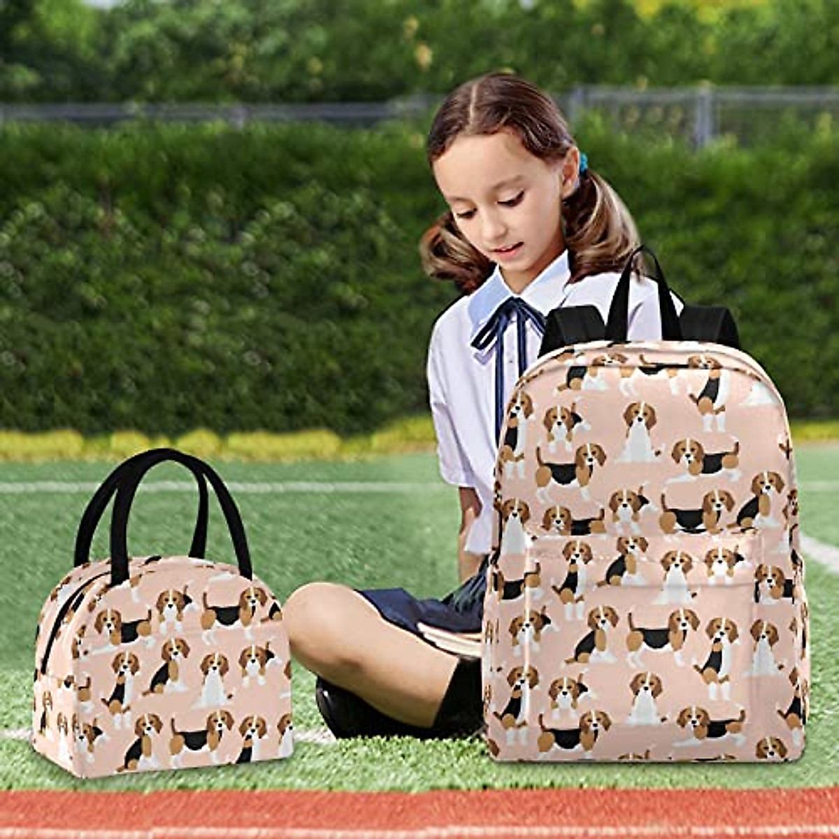 CHIFIGNO Beagle Dogs Kids Backpack Elementary Girls Boys Book Bag Casual Daypack Primary School Bag Backpack Set with Insulated Lunch Bag