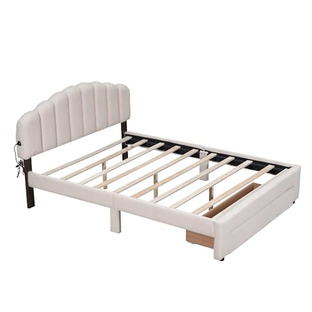 HAUSHECK Upholstered Bed Frame Queen Size with Teddy Fleece Headboard, Big Drawer, Smart LED Lights and 2 USB Ports, Modern Queen Platform Bed Frame w/Wooden Slats Support, No Box Spring Needed