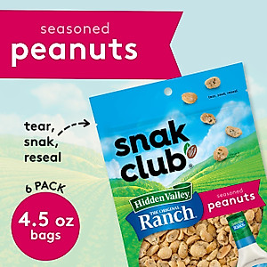 Snak Club Peanuts with Hidden Valley Ranch Seasoning, Roasted Nuts, Gluten-Free and Kosher Snack, 4.5 oz Resealable Bags, 6 Pack