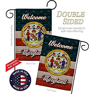 Welcome Maryland Garden Flag - Set Wood Dowel Americana States USA American Territories Republic Country Particular Area - House Decoration Banner Small Yard Gift Double-Sided Made in 13 X 18.5