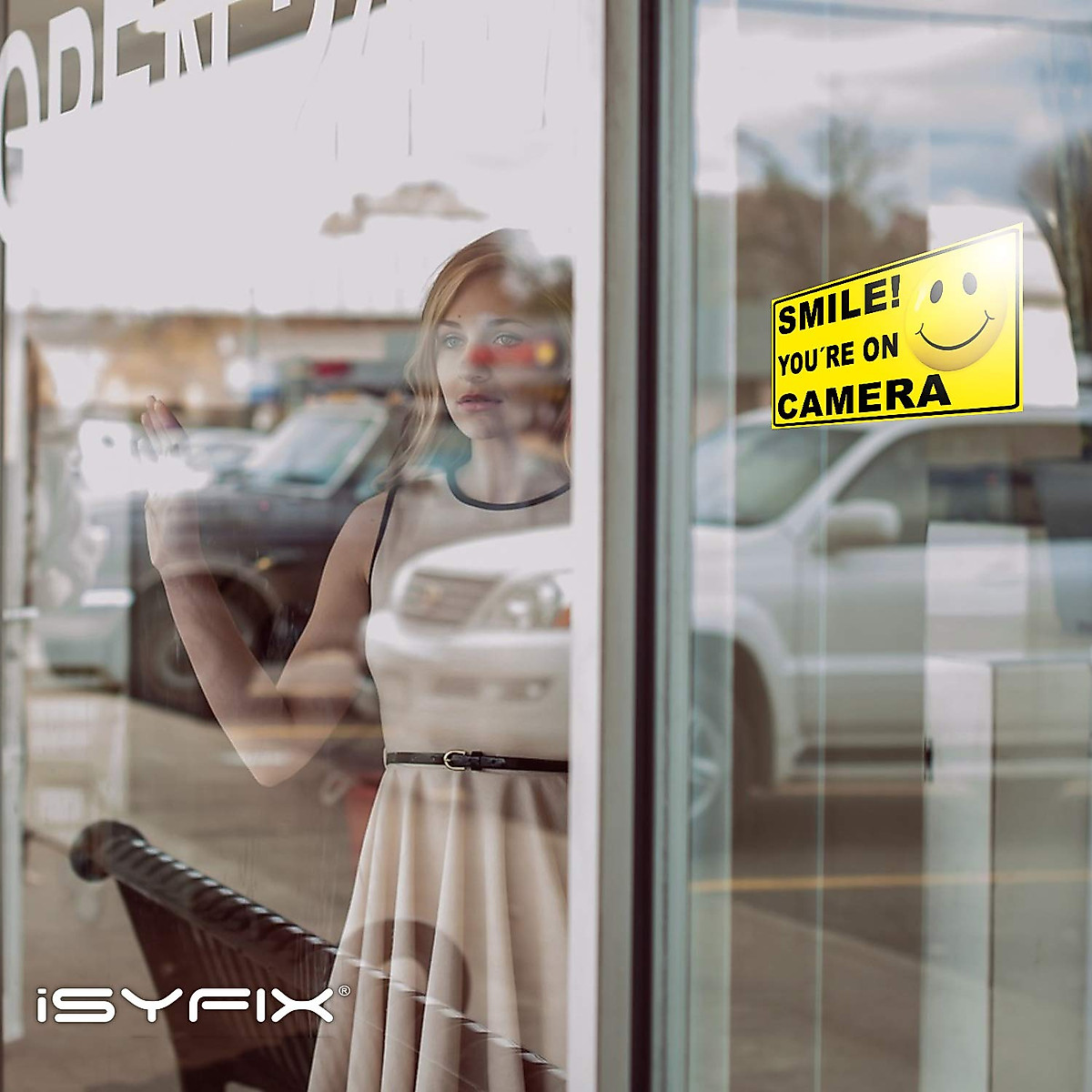 iSYFIX Smile You're on Camera Stickers for Business – 6 Pack 4x2 Inch – Self-Adhesive Vinyl Decal, Laminated for Ultimate UV Protection, Fade Resistance, Security Camera Sign for Home, Business, CCTV