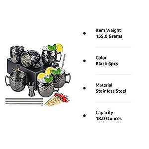 LINALL Moscow Mule Mugs- Set of 6 Gunmetal Black Plated 18oz Stainless Steel Mug Double Jigger Chilled Drink Cocktail Mug (6pcs)