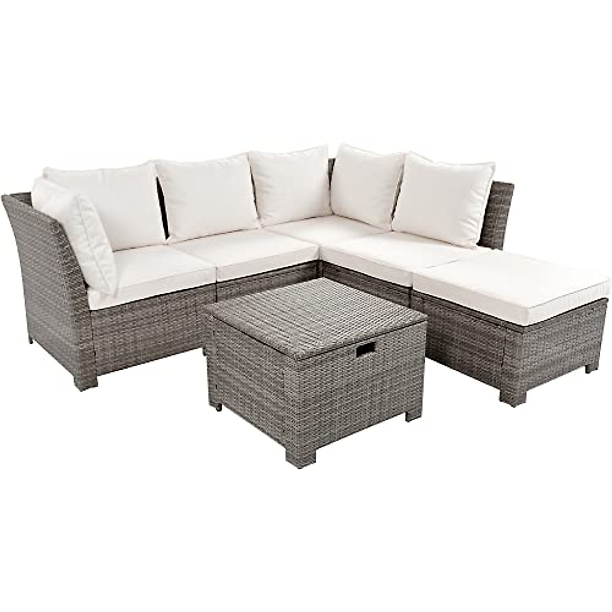 DHPM Furniture 6 Pieces Outdoor Sectional PE Rattan Sofa Brown Manual Wicker Patio Conversation Set with 2 Corner, 2 Single Chairs, 1 Ottoman and 1 Storage Table, Beige