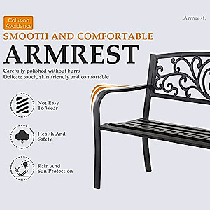 HCY Outdoor Bench, Garden Bench Metal Patio Front Porch Decor Furniture with Backrest Armrests, 50 Inch Slatted Seat for Outdoor, Park, Yard, (Black), x 21x 34.6