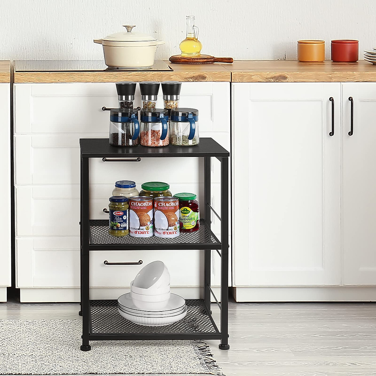 ETELI 3 Tier Side Table with Wheels Black Rolling End Side Table Small with Storage Shelves Industrial Night Stand for Small Space Living Room Bedroom Kitchen Office