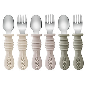 PandaEar 6 Pack Toddler Fork and Spoon Utensil Set, Baby Silicone Stainless Steel Silverware Spoon Fork for Babies Kids, BPA Free (Walnut&Linen&Brown)