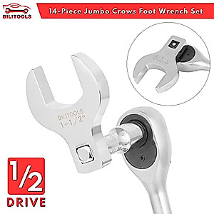 BILITOOLS 14-Piece Jumbo Crows Foot Wrench Set, 1/2" Drive Big Crowfoot Wrench, SAE, 1-1/16" - 2" mm, CR-V Steel