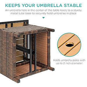 Best Choice Products Wicker Side Table with Umbrella Hole, Square PE Rattan Outdoor End Table for Patio, Garden, Poolside, Deck w/UV-Resistant Frame, Storage Space - Brown