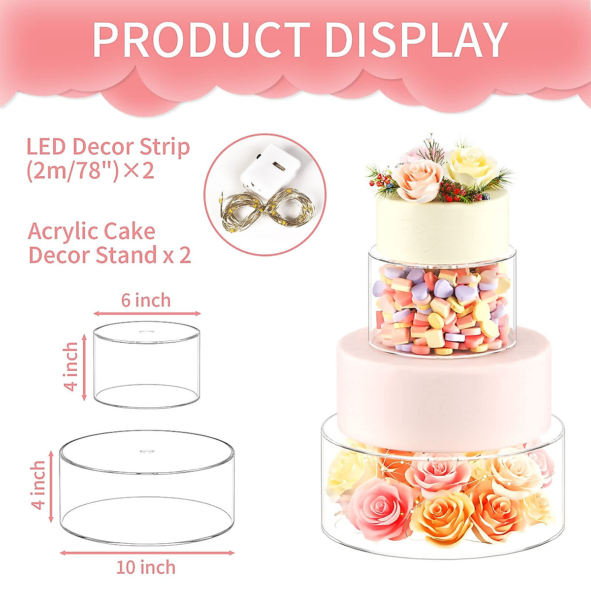 2PCS Acrylic Fillable Cake Stand Cake Riser Cake Tier, Round Cylinder Display Riser Display Box, Decorative Centerpiece for Wedding Birthday Party (10" Dx4 H inch, 6" Dx4 H inch, 2M LED Lights)