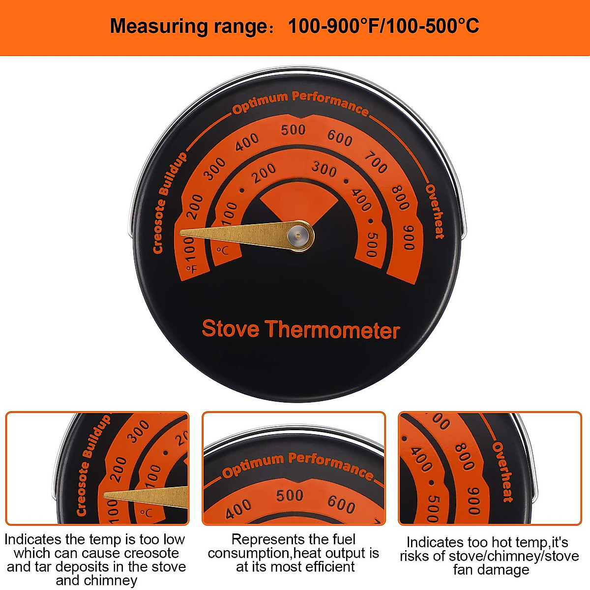 Frienda Wood Stove Thermometer Magnetic, Oven Temperature Meter Stove for Wood Burning Stoves Top, Avoiding Gas Stoves Pellet Stoves Chimney Pipe Damaged by Overheat(1 Piece)