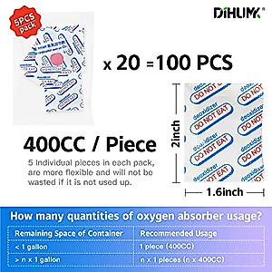 DIHUMK Oxygen Absorbers for Food Storage and Mylar Bags Vacuum Seal Long Term Containers Food Grade(400CC, 5Pcs Individual Packing, Total100)