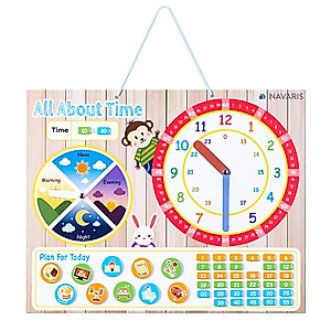 Navaris Kids Magnetic Clock - Early Years Learning - Time Telling and Time of Day Educational Chart for Children - Kids Wall Board - English, Beige