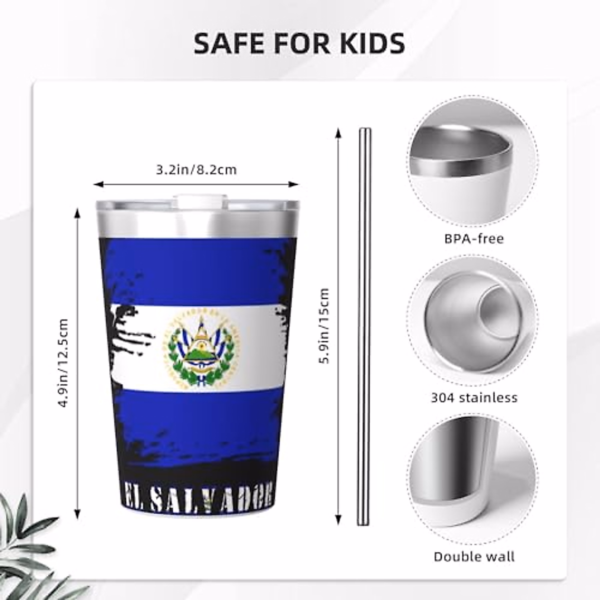 12oz Tumbler Vintage El Salvador Flag Stainless Steel Cup With Straw And Lid Spill Proof Bulk Double Wall Vacuum Reusable Water Tumblers For Cold Hot Drink