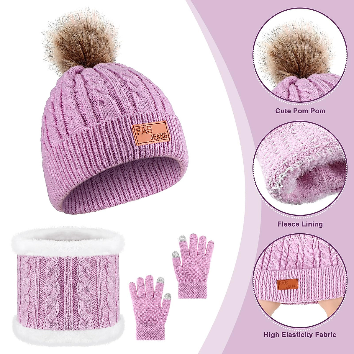 Panitay 2 Sets Winter Toddler Hat Scarf Gloves Set Warm Hat Gloves Knit Neck Scarf for 1-5-6-10 Years Old Girls and Boys (Purple, Pink,6-10 Years)