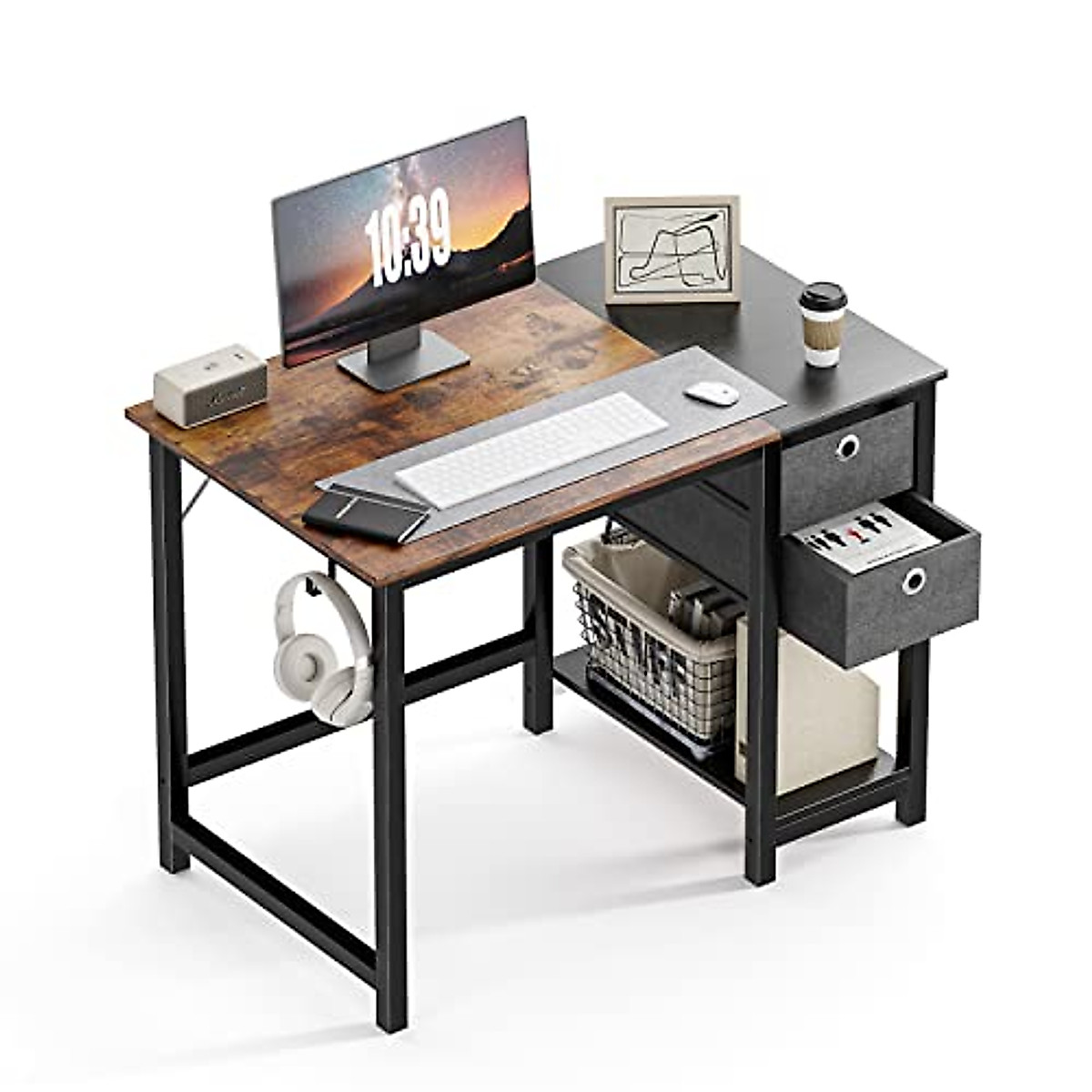 Computer Desk with Drawer 40 Inch Home Office Desk Writing Desk Work Desk PC Table Study Desk with 2-Tier Drawers Storage Shelf Headphone Hook, Modern Simple Style Laptop Desk for Bedroom, Gaming
