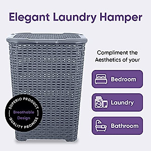 Plastic Laundry Hamper with Lid Laundry Hamper Basket, Grey 2 Pack Tall Cloths Hamper Organizer with Cut-out Handles. Space Saving for Laundry Room Bedroom Bathroom, Wicker Design 60 Liter