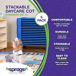 Sprogs Heavy-Duty Stackable Standard Size 52"L Daycare Cots for Kids and Toddlers, Stacking Preschool Classroom Kids Cots for Sleeping, Resting, Naptime, Pack of 6, Blue