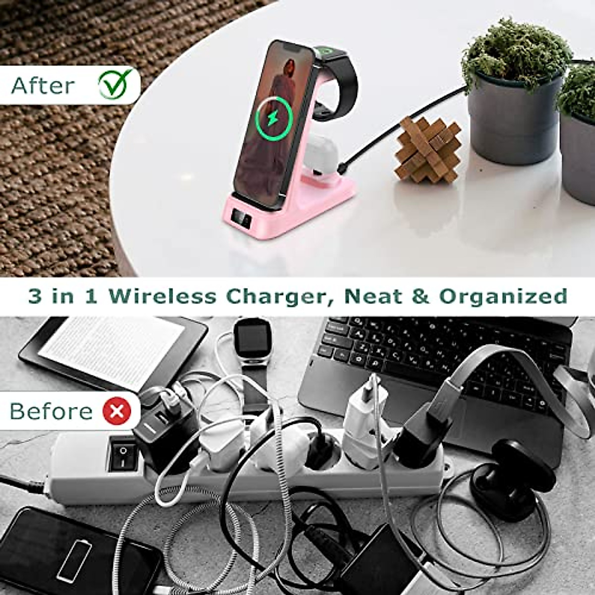 DDUAN Wireless Charging Station, 3 in 1 Fast Charging Stand, Wireless Charger for Apple Watch 8/7/6/5/4/3 & iPhone15/14/13/12/11/Pro/Max/X/XS/Max/XR/8, Air-pods/Pro(QC3.0 Adapter Included)-Pink