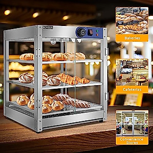 ROVSUN 3-Tier 110V Food Warmer, 800W Commercial Food Warmer Display Electric Countertop Food Pizza Warmer with LED Lighting Removable Shelves Glass Door, Pastry Display Case for Buffet Restaurant