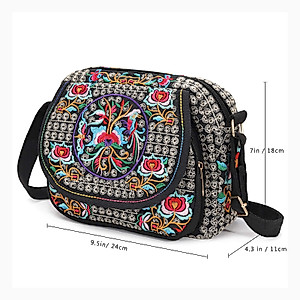 Vintage Embroidery 6.5" Canvas 3 zip Small Crossbody Bag Cell Phone Pouch Wallet Bag Coin Purse for Women (Black + Flower)