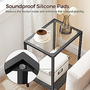 MAHANCRIS End Tables Set of 2, Side Table with Tempered Glass Top, Narrow Beside Table for Small Space, 2-Tier Nightstand with Storage Shelf, for Sofa Couch and Bed, Easy Assembly, Black ETH24B01S2