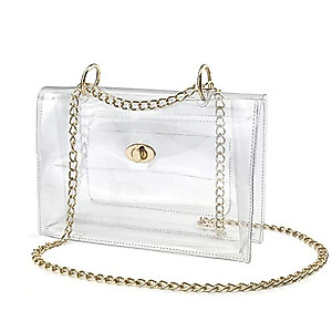 Women Clear Flap Top Chain Shoulder Handbag with Turn Lock Minimalist Messenger Purse for Stadium Approved (Clear)