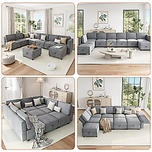 GAOMON 139.4" Chenille Reversible Sectional Sofa, 9-Seater Modular Sectional Sofa, Comfy Sectional Sleeper Sofa Couch with Chaise, U-Shape Modular Couch with Storage Seats & Ottomans, Grey