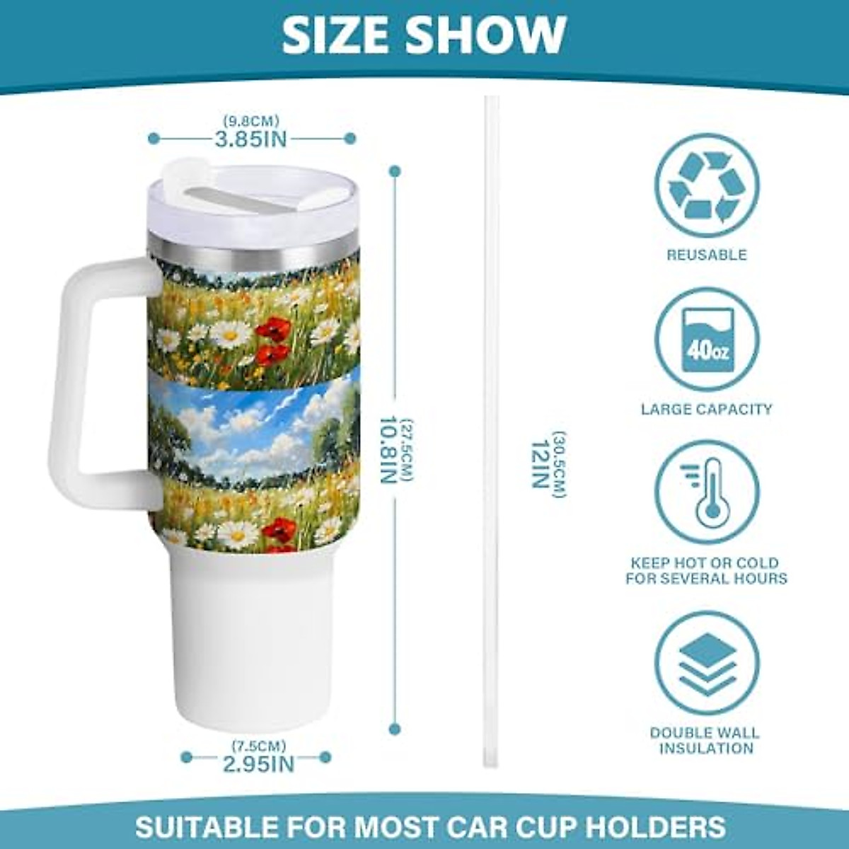 Bokkoy An Oil Painting Of Wildflowers 40oz Tumbler with Handle and Straw Stainless Steel Tumbler with Lid Reusable Vacuum Insulated Cup