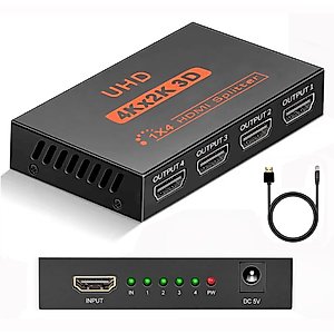 HDMI Splitter 1 in 4 Out 4K, 1x4 HDMI Splitter 3D Full HD 1080P, for Monitors Duplicate/Mirror, Compatible for HDTV PS4 Blu-Ray Player Box STB DVD Player, Projector Etc (1 Source onto 4 Displays)