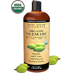Mary Tylor Naturals Organic Neem Oil (16 oz), USDA Certified, Cold Pressed, Unrefined, Premium Quality, 100% Pure Great for Skincare and Hair Care
