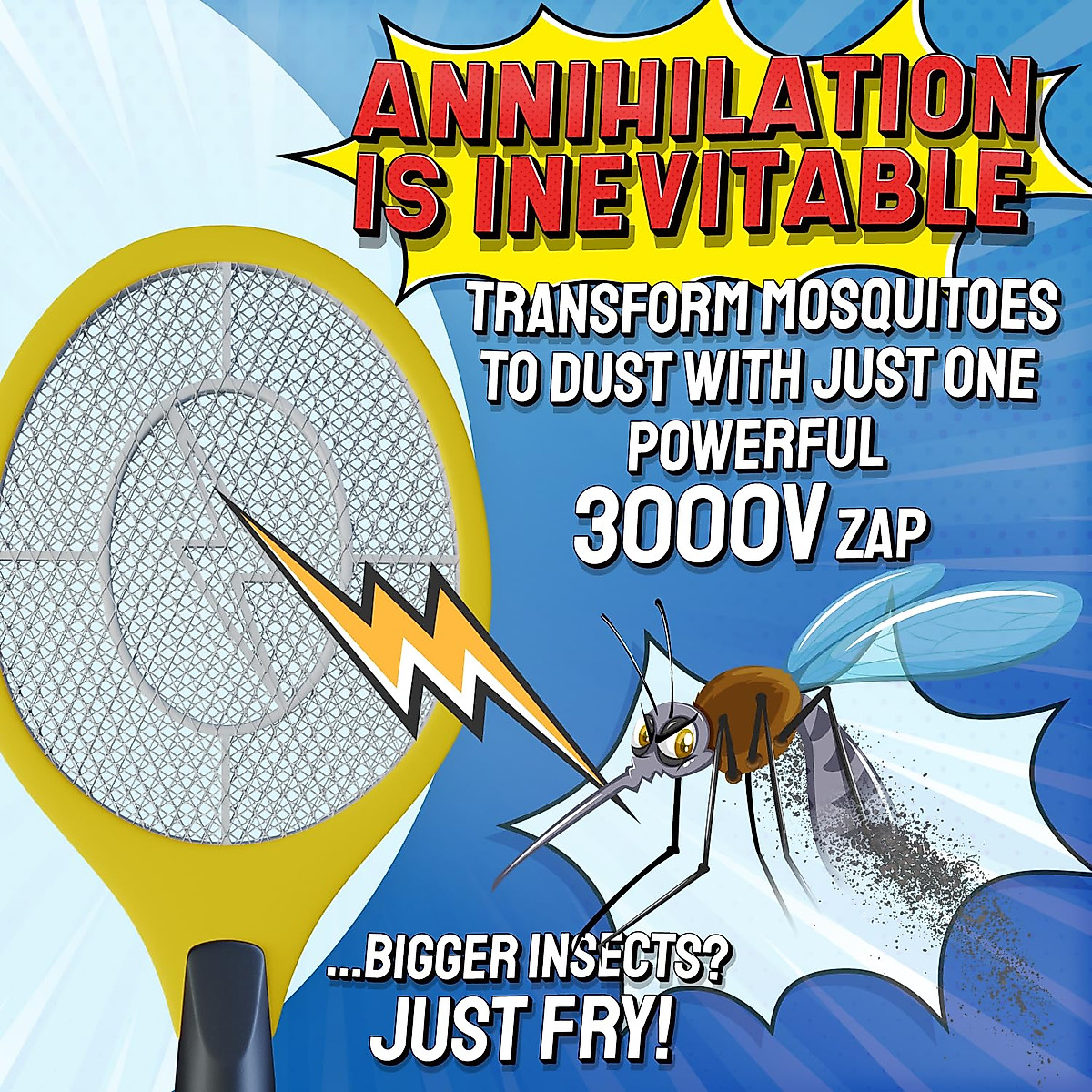 ASISNAI Bug Zapper 18" Electric Fly & Mosquito Swatter Racket - Outdoor/Indoor Killer for Flies, Battery-Operated Tennis Killing Zap, 3000 Volts Electronic Catcher, 2 AA Batteries Included - Yellow