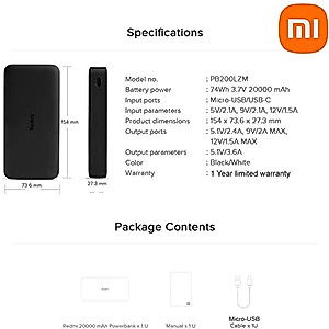 Xiaomi Redmi 20000mAh Fast Charge Power Band Bundled with Mi Ultra Compact 10000mAh Power Bank - Best Combination of Capacity and Mobility