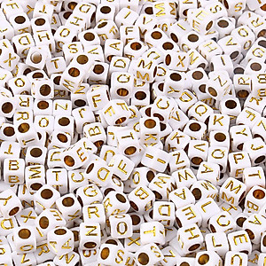 Acrylic Letter Beads Alphabet Gold Letters White Cube Bead, 6×6mm 1200pcs, for Friendship Bracelets and Gifts Souvenir Jewelry Making